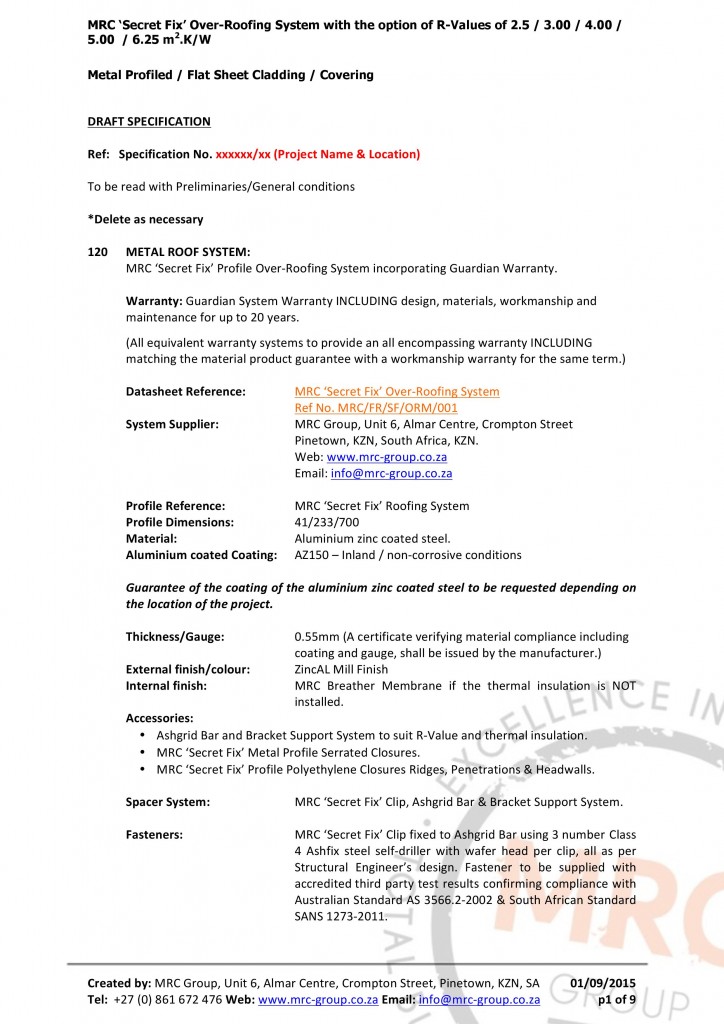 ‘Secret Fix’ Over-Roofing Datasheet & Specification – MRC Group